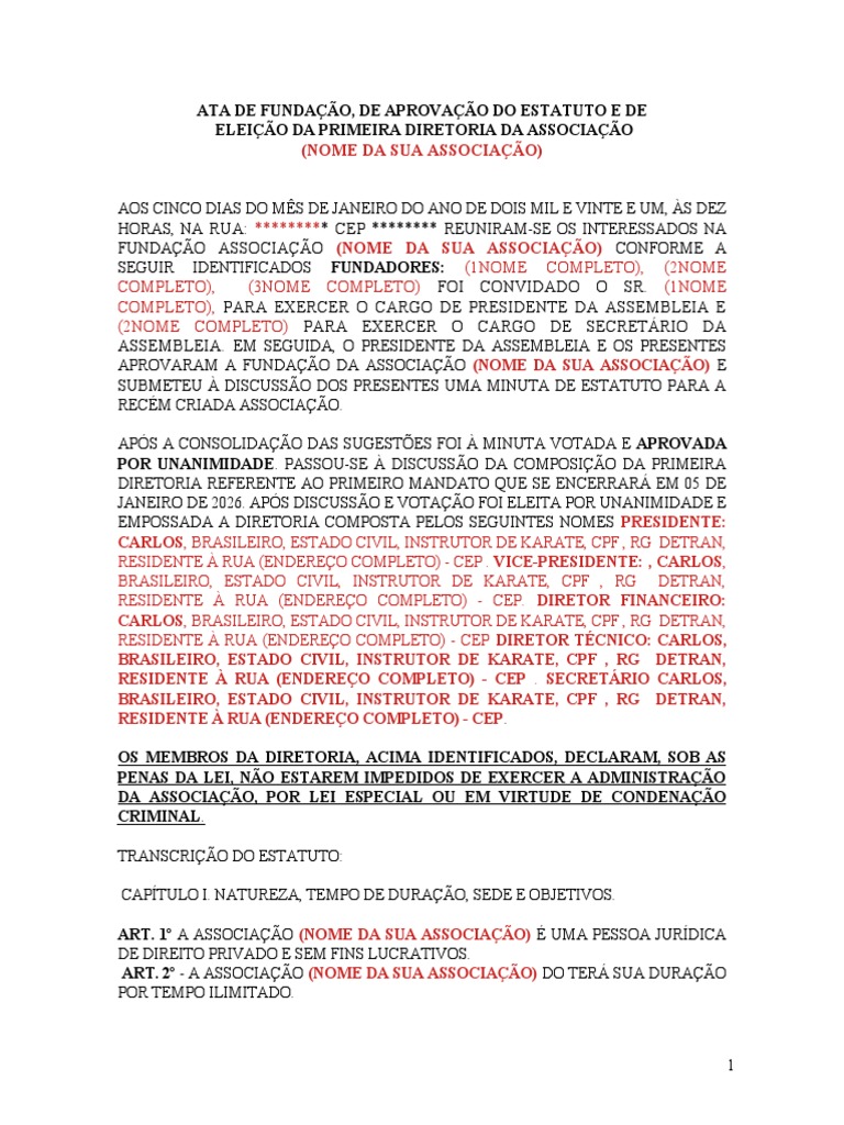MODELO - Ata - Fundação - Estatuto Associação | PDF | Eleições | Governo