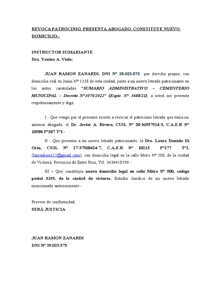 Revoca Patrocinio. Designa Nuevo Abogado | PDF