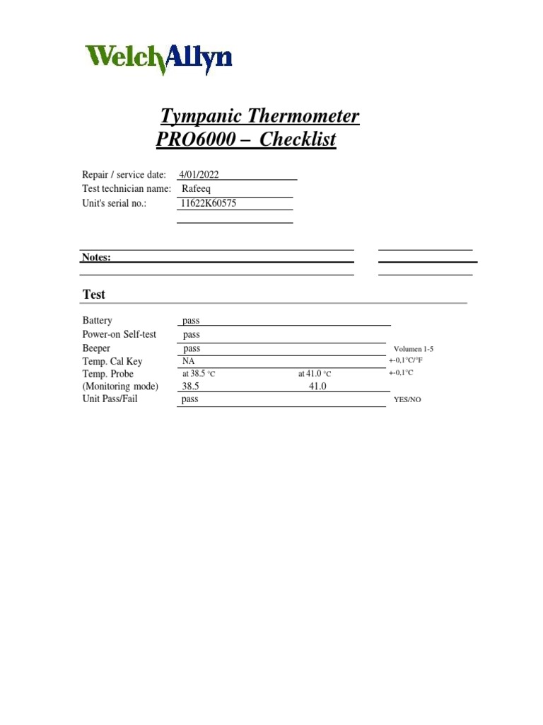 Tympanic Thermometer PRO6000 - Checklist: Notes | PDF