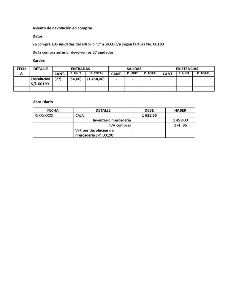 Asiento de Devolución en Compras | PDF