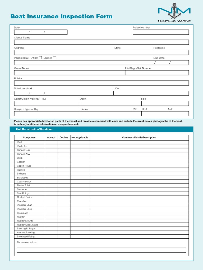 Boat Insurance Inspection Checklist | PDF | Rudder | Manufactured Goods