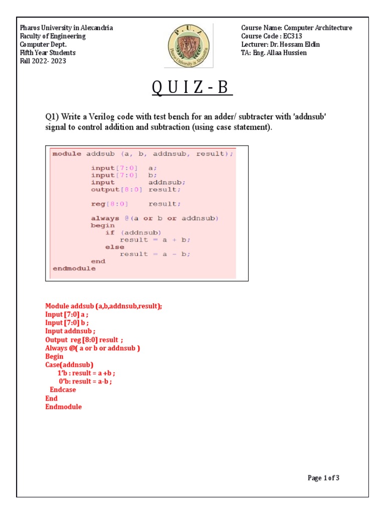 EC313 - Quiz - B - Modelanswer | PDF | Computers | Technology & Engineering