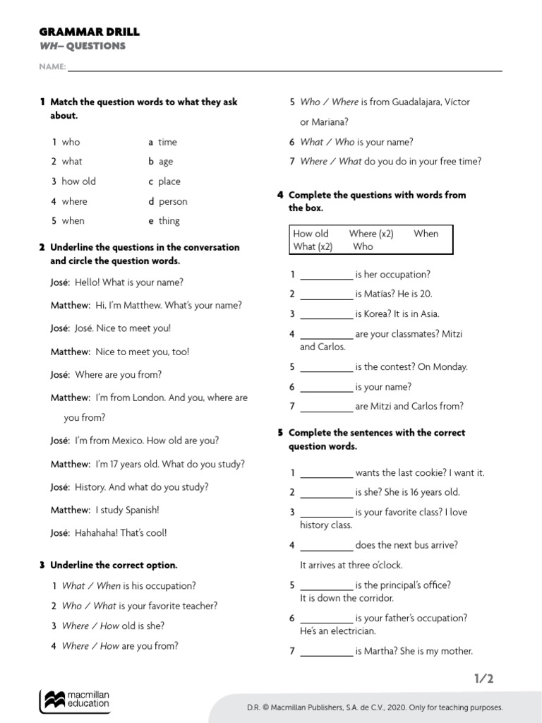 Grammar Drill 01 Wh Questions | PDF | Communication | Cognition