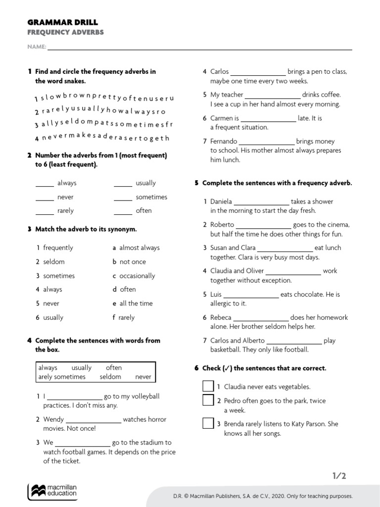 Grammar Drill 03 Frequency Adverbs | PDF | Adverb | Linguistics