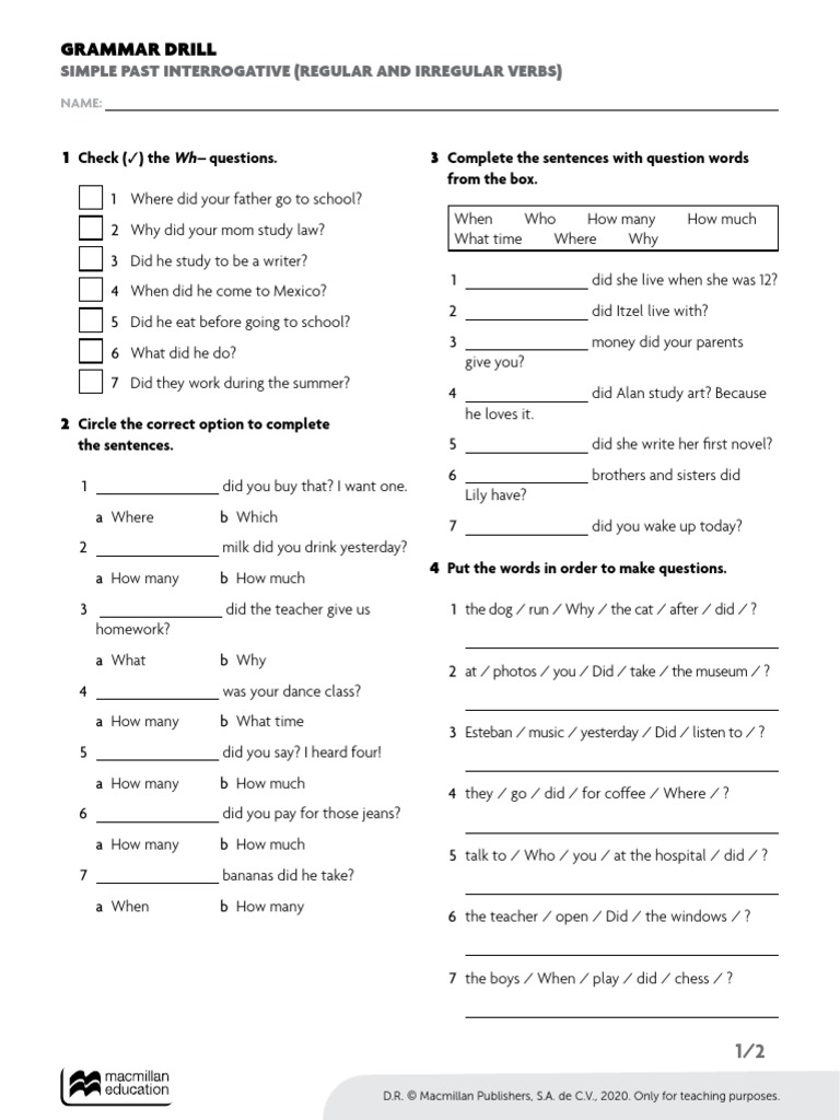 Grammar Drill 07 Simple Past Interrogative | PDF | Grammar | Linguistics