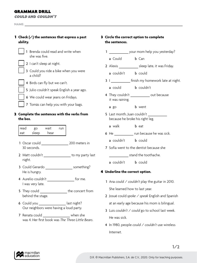 Grammar Drill 08 Could and Couldnt | PDF