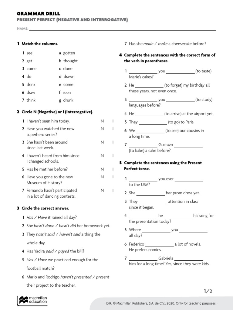 Grammar Drill 19 Present Perfect Negative and Interrogative | PDF | Grammar | Language Mechanics