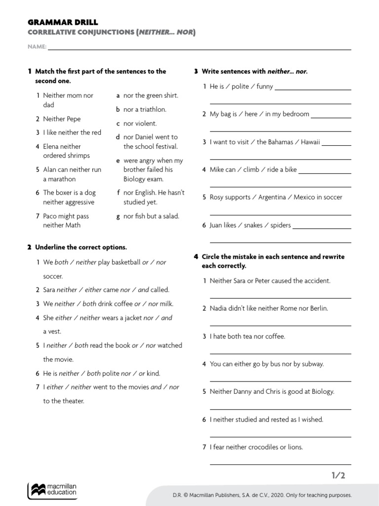 Grammar Drill 23 Correlative Conjunctions Neither Nor | PDF