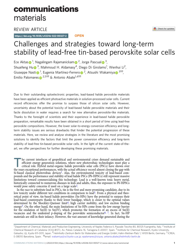 Challenges and Strategies Toward Long-Term Stability of Lead-Free Tin-Based Perovskite Solar ...