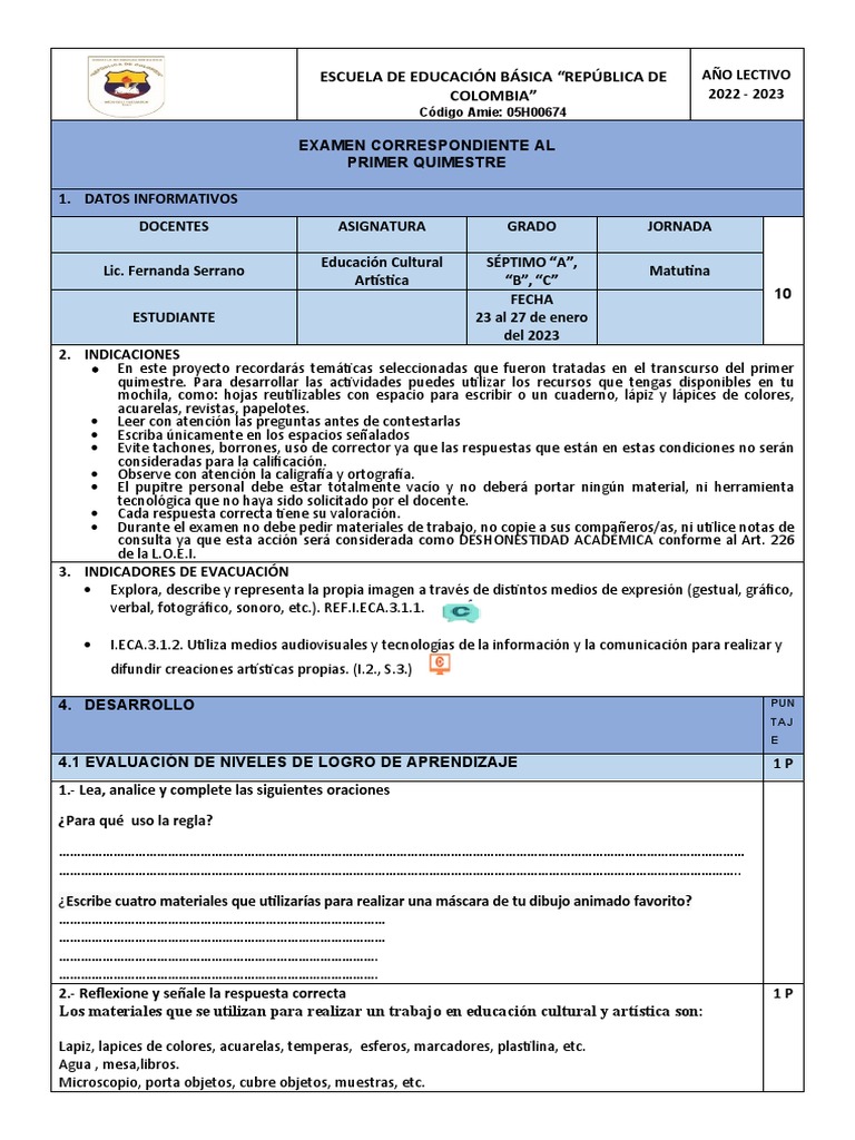 Evaluación de Eca 7mo Grado | PDF | Prueba (evaluación)