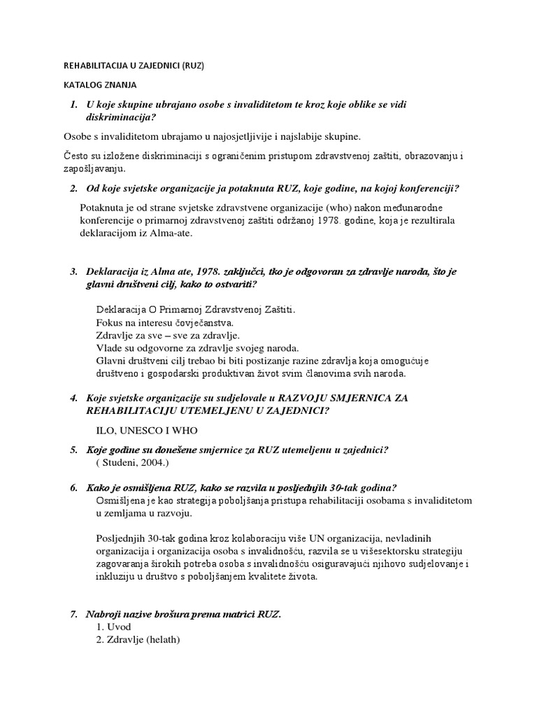 Katalog Znanja Kolegij Rehabilitacija U Zajednici | PDF