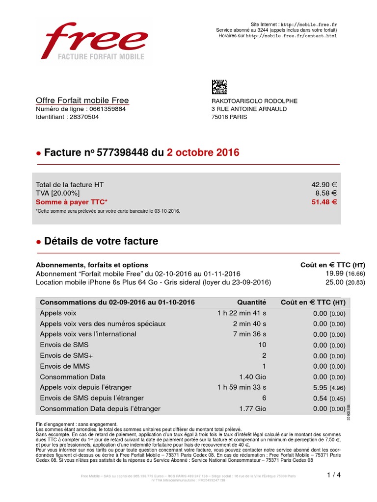 Facture Freemobile 20161002 | PDF