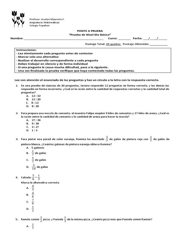 Prueba de Nivel 6to Básico | PDF | Ecuaciones