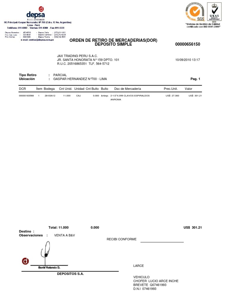 Orden de Retiro de Mercaderías DEPSA | PDF