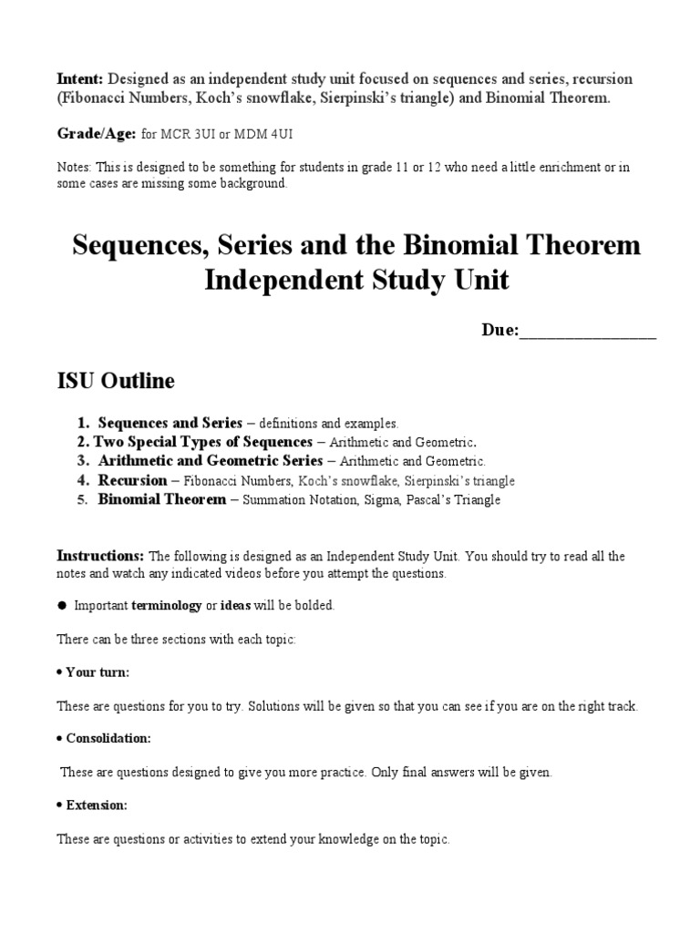 Sequences and Series Independent Study Unit | PDF