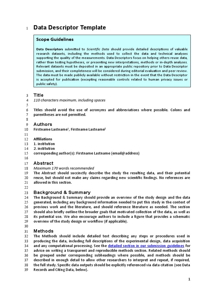 Scidata Data Descriptor Document Template | PDF | Experiment | Statistics