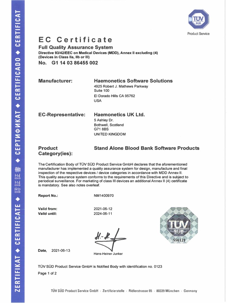 Haemonetics EC Certificate Overview | PDF | Technology & Engineering