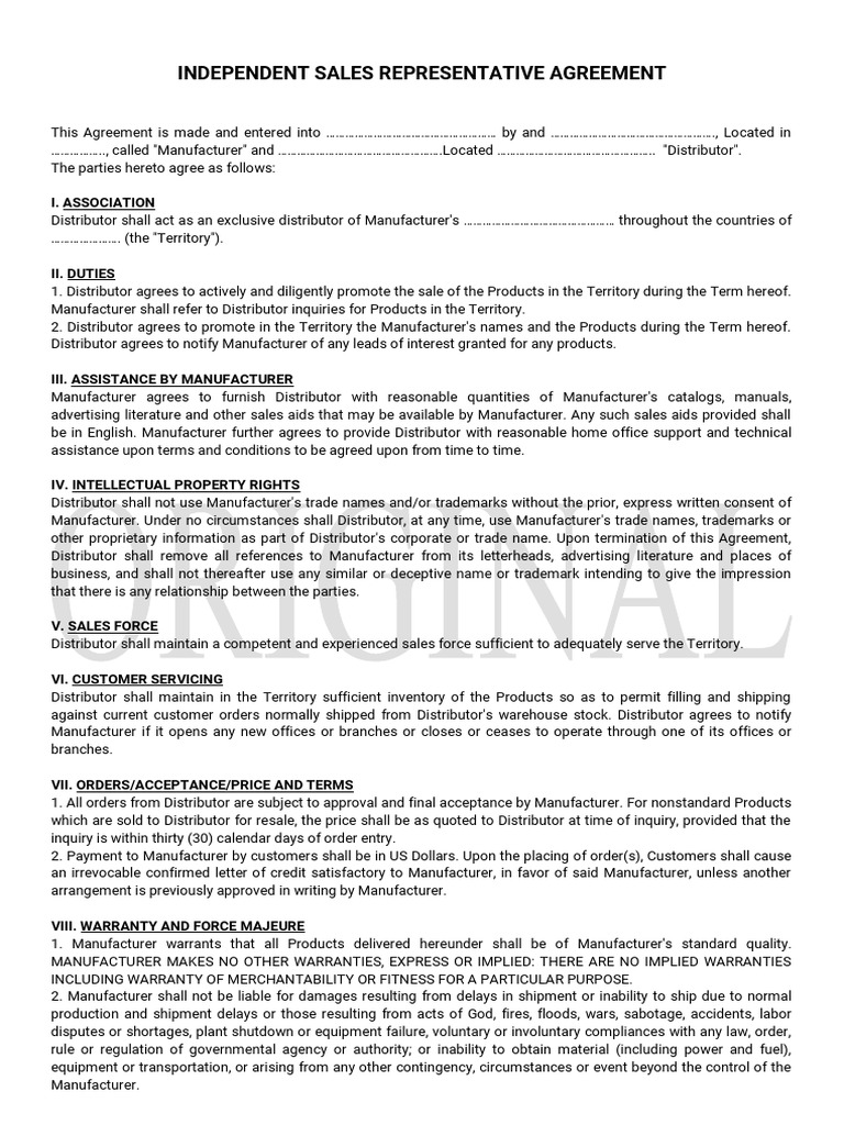 Independent Sales Rep Agreement Template | PDF | Legal Liability ...