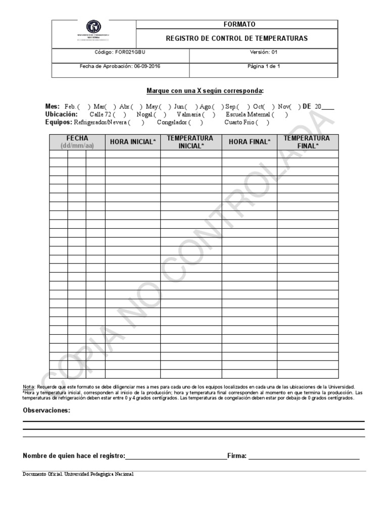 Registro de Control de Temperaturas | PDF