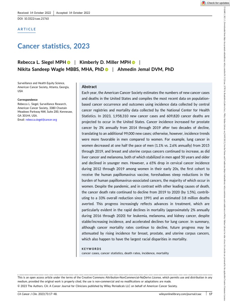 CA A Cancer J Clinicians - 2023 - Siegel - Cancer Statistics 2023 | PDF