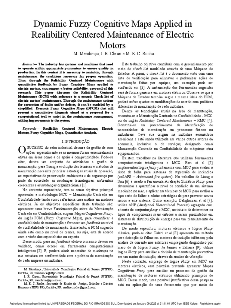 Dynamic Fuzzy Cognitive Maps Applied In Realibility Centered Maintanance Of Electric Motors 