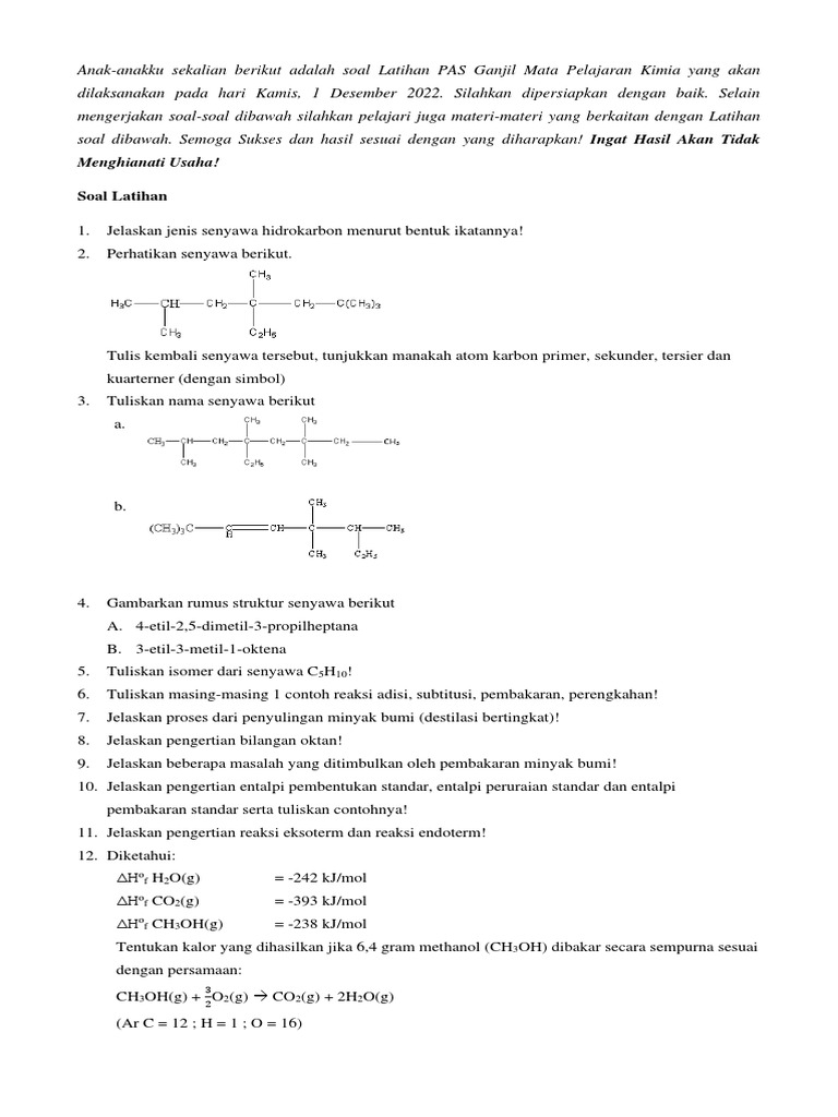 Latihan Soal Pas 1 Kimia Kelas Xi 2022-2023 | PDF