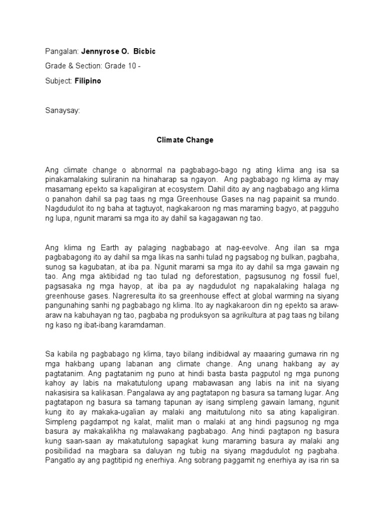 Jennyroses SANAYSAY CLIMATE CHANGE | PDF