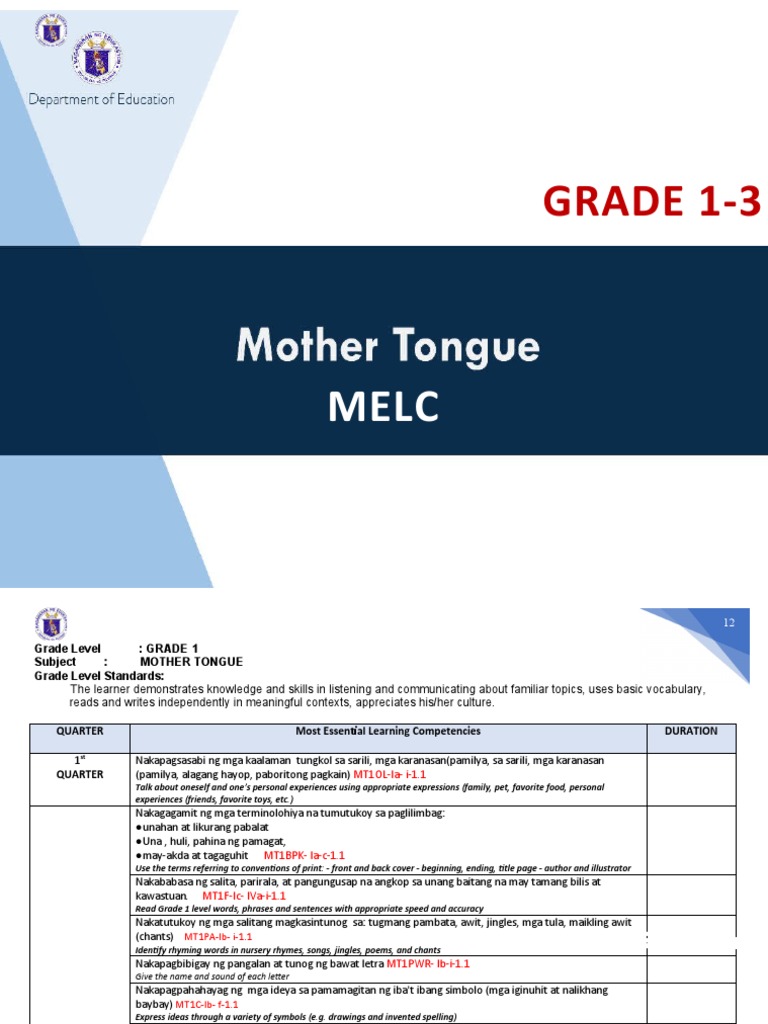MELC MTB GR 1 3 Tagalog English | PDF