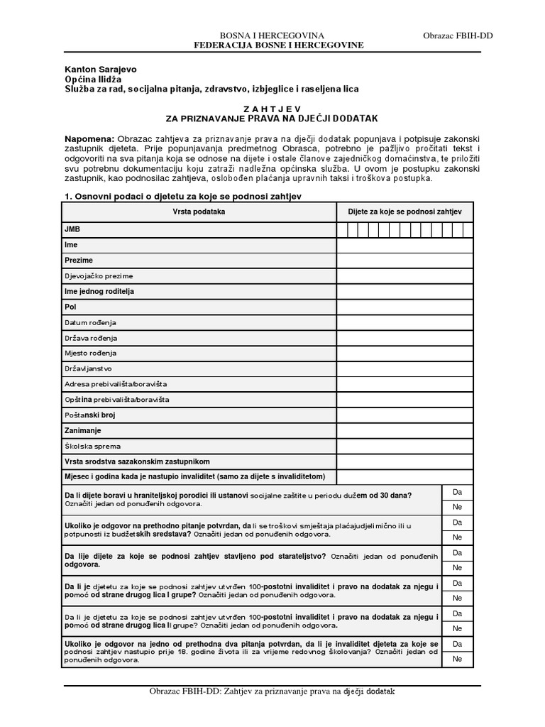 Obrazac Za Priznavanje Prava Na Dječiji Dodatak - FEREDALNI - 2022 | PDF