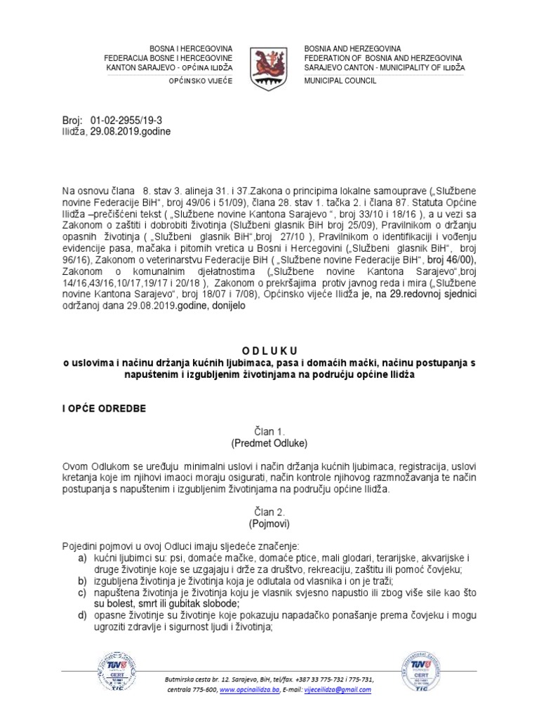 Odluka o Uslovima I Nacinu Drzanja Kucnih Ljubimaca | PDF