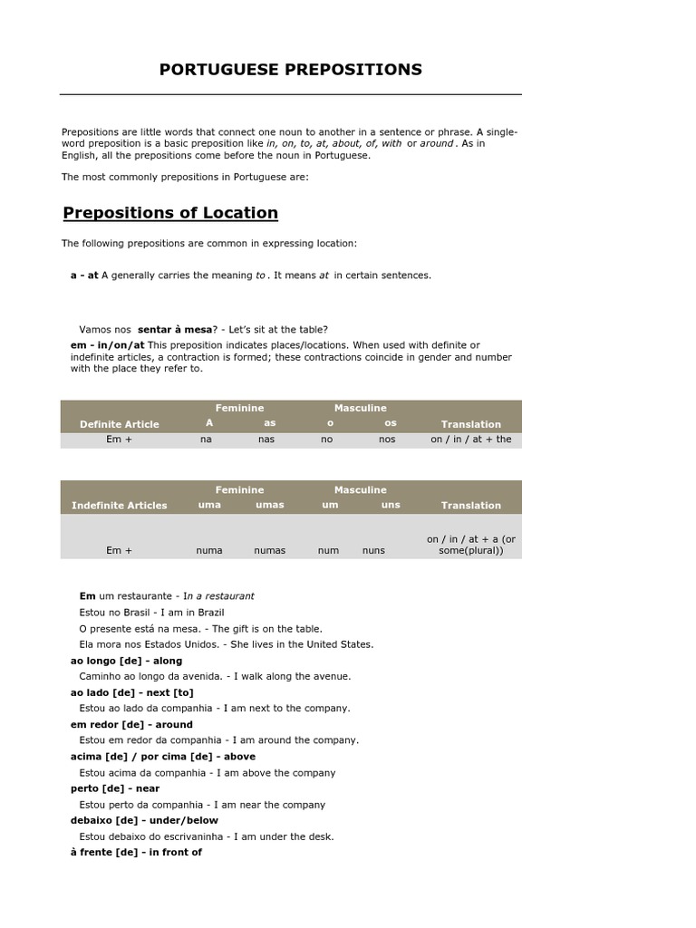 Portuguese Prepositions | PDF | Grammatical Gender | Vocabulary