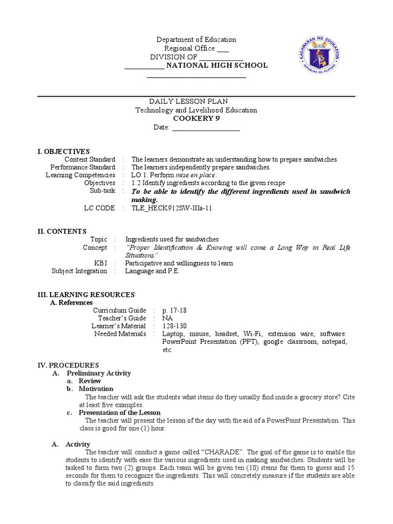 Lesson Plan (Sandwich Making) | PDF | Lesson Plan | Teachers