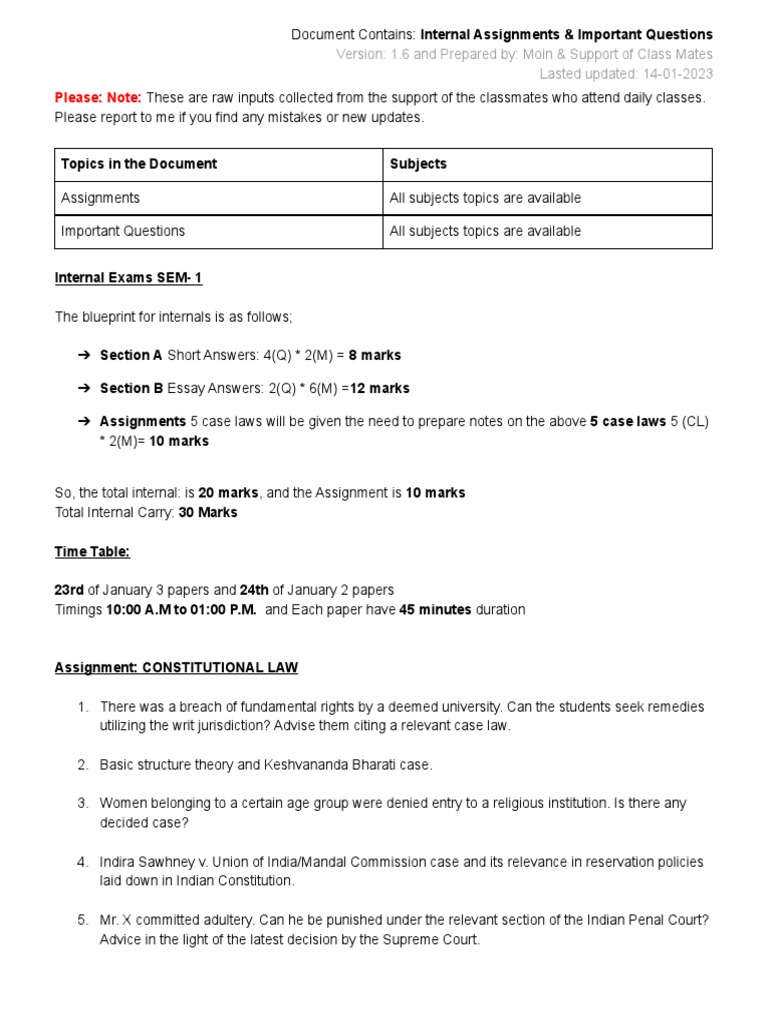 SEM-1 Internal Exams & Important Questions 2023 (Final-3) | Download ...