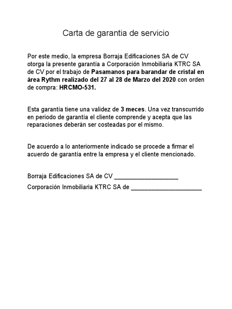 Carta De Garantía Formato Carta De Garantia De Producto Milformatos