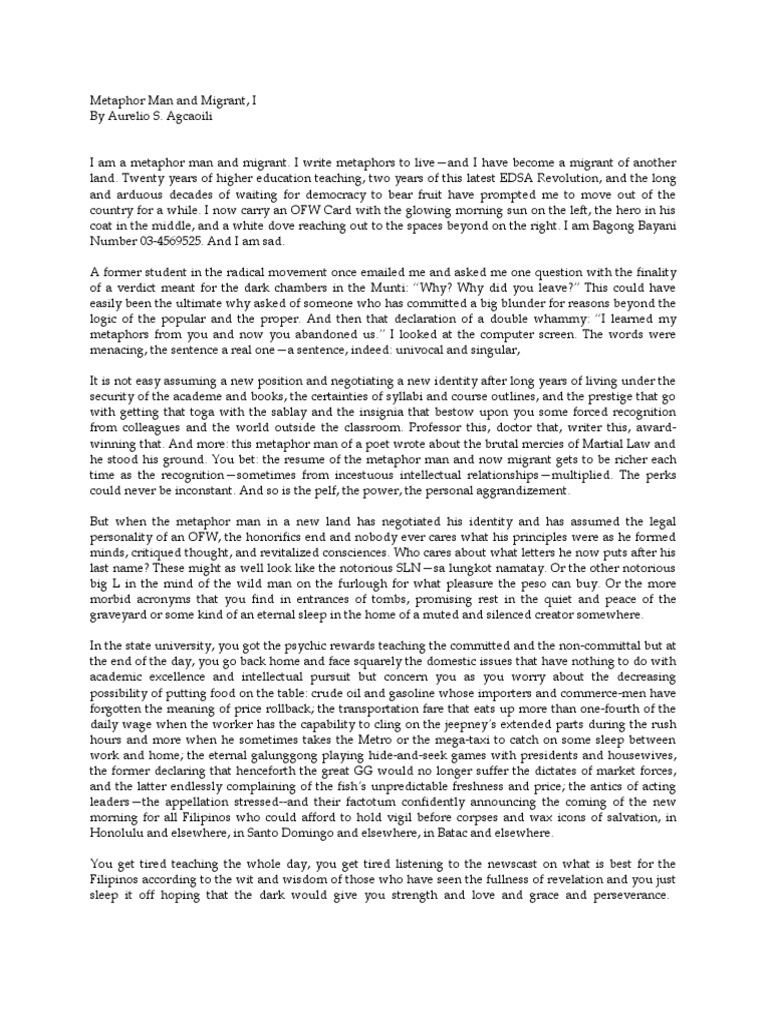 Agcaoili, Aurelio S. - Metaphor Man and Migrant, I | PDF