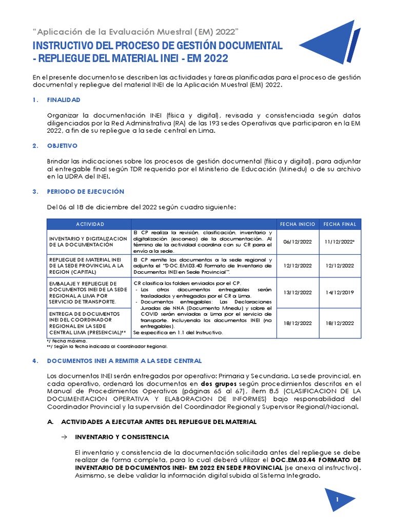 Instructivo Repliegue de La Documentacion Operativa INEI - EM 2022 - ER 6-12-22 | PDF | Gestión ...