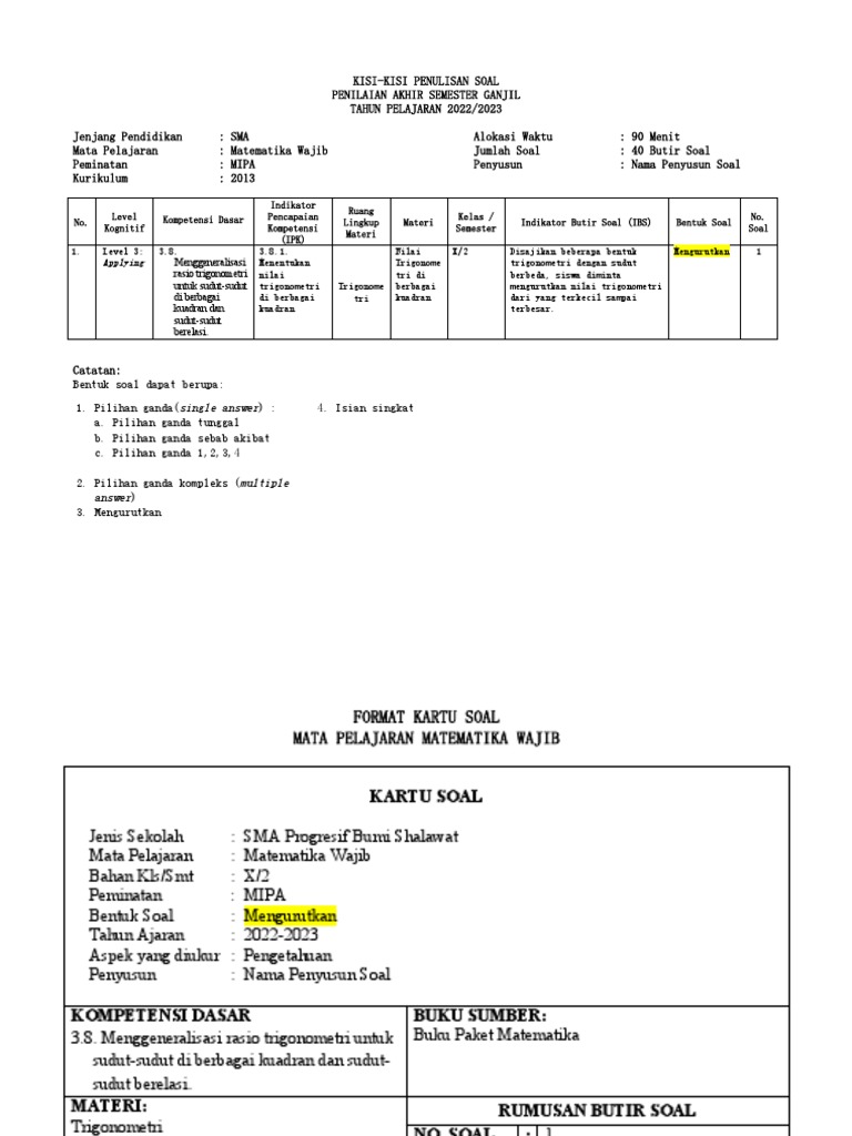 Kisi Kisi, Kartu Soal, Pedoman Penskoran Pas 2022-2023 | PDF