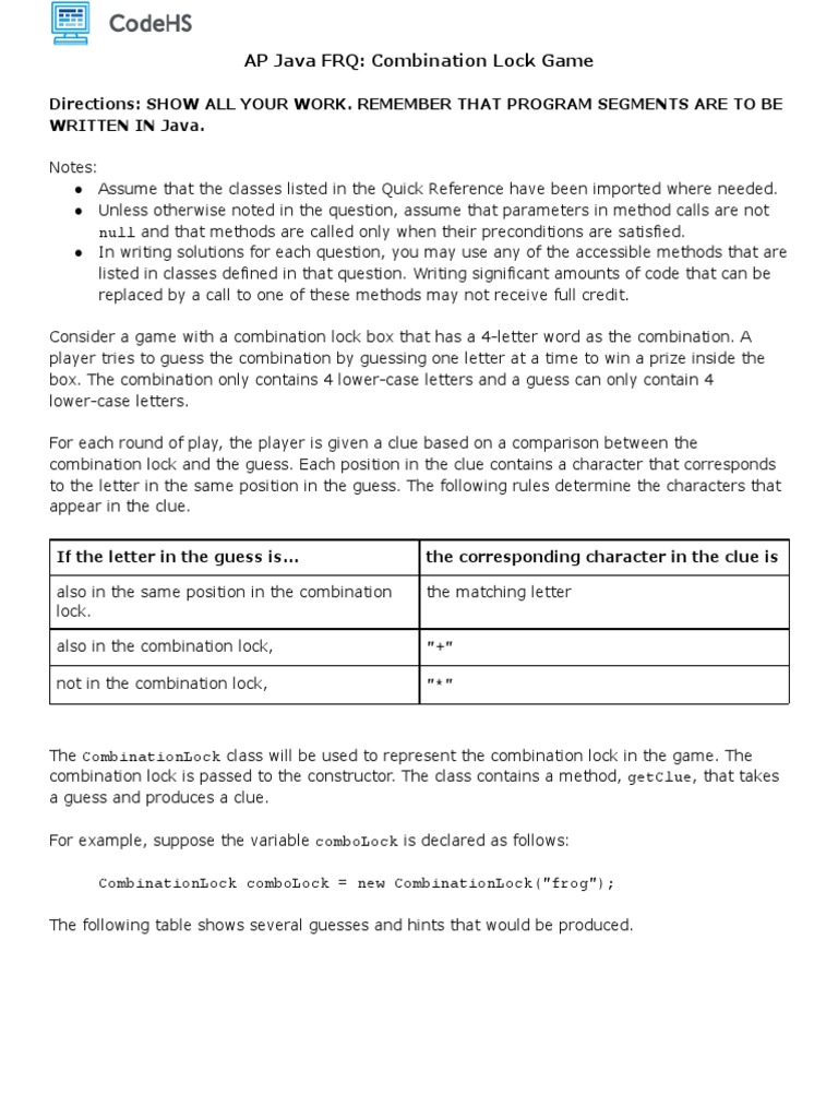 AP Java FRQ: Combination Lock Class | PDF