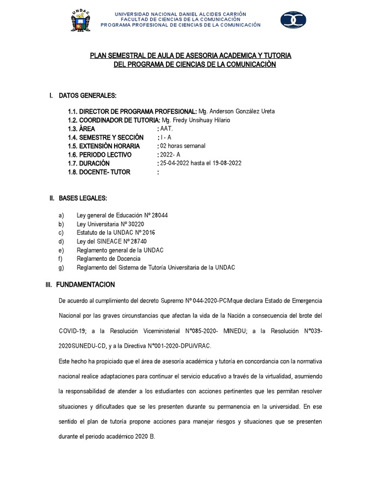 Plan Semestral TUTORIA 2022-A | Descargar gratis PDF | Maestros