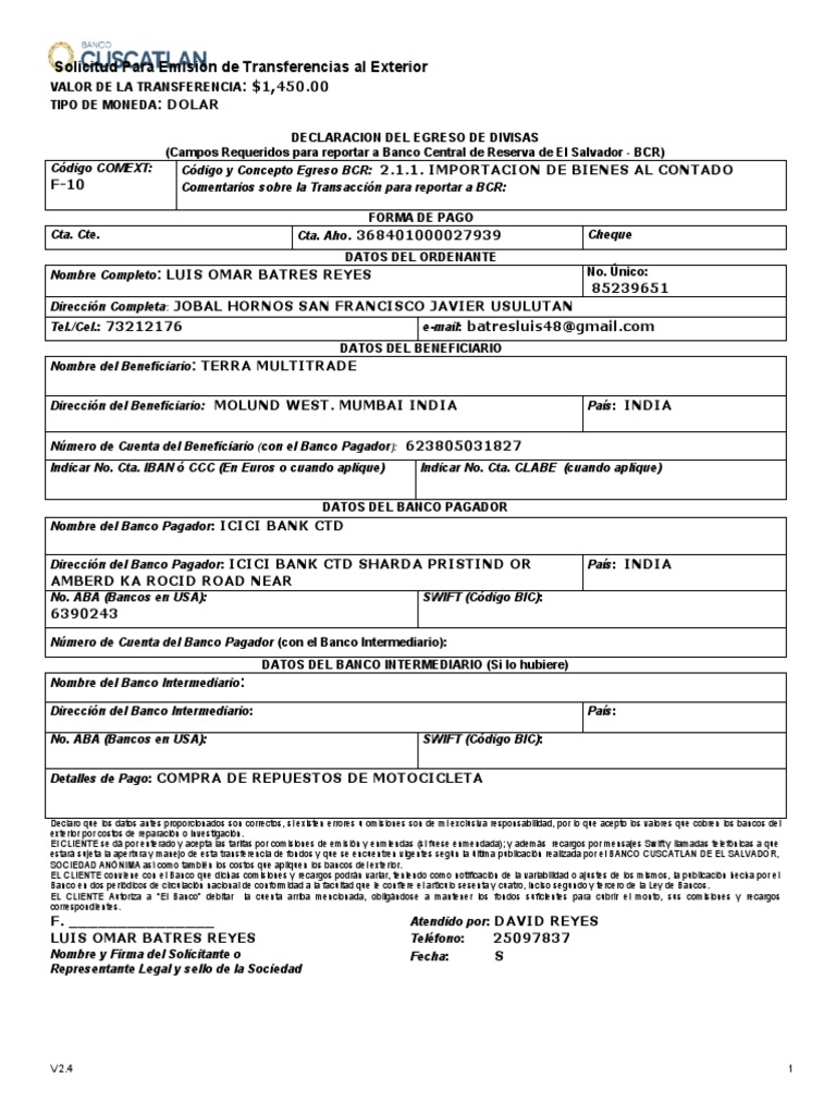 Solicitud para Emisión de Transferencias Al Exterior Version ...
