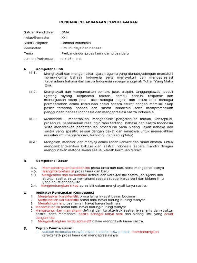 RPP Prosa Lama dan Baru SMA | PDF