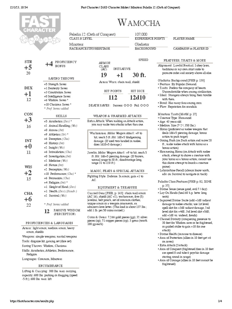 Fast Character - D&D Character Maker - Minotaur Paladin 12 (Oath of ...