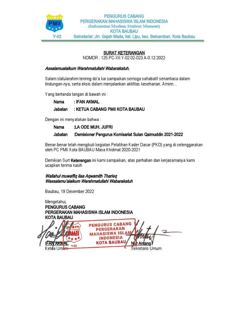 Surat Keterangan PKD Pmii | PDF