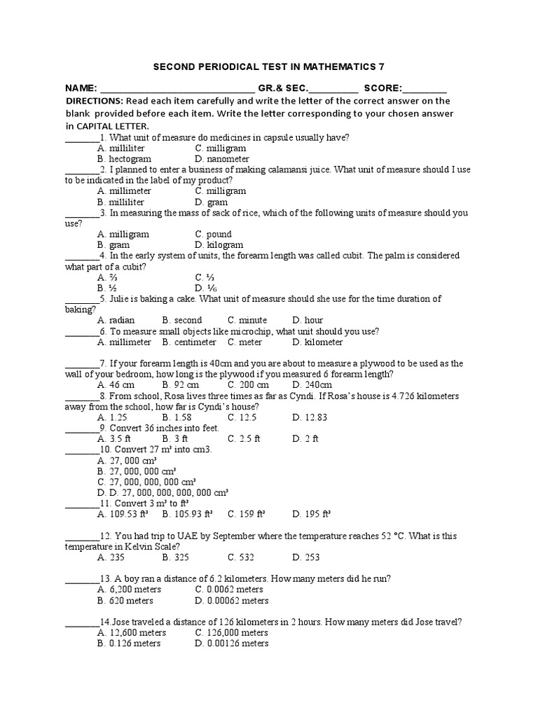 SECOND PERIODICAL TEST IN MATHEMATICS 7 | PDF | Polynomial | Multiplication