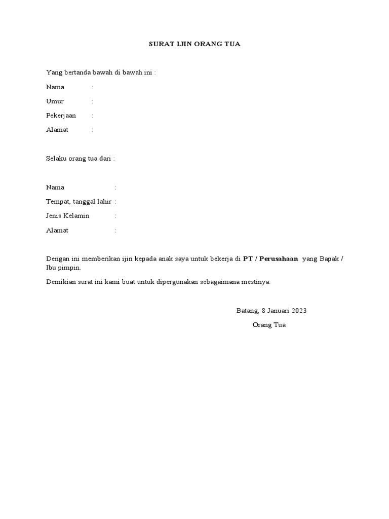 Surat Ijin Orang Tua Kosong | PDF