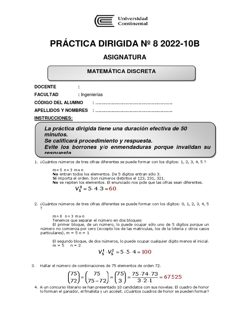 Final Práctica Dirigida #8 Matemática Discreta 2022-10 Resuelto | PDF | Matemáticas