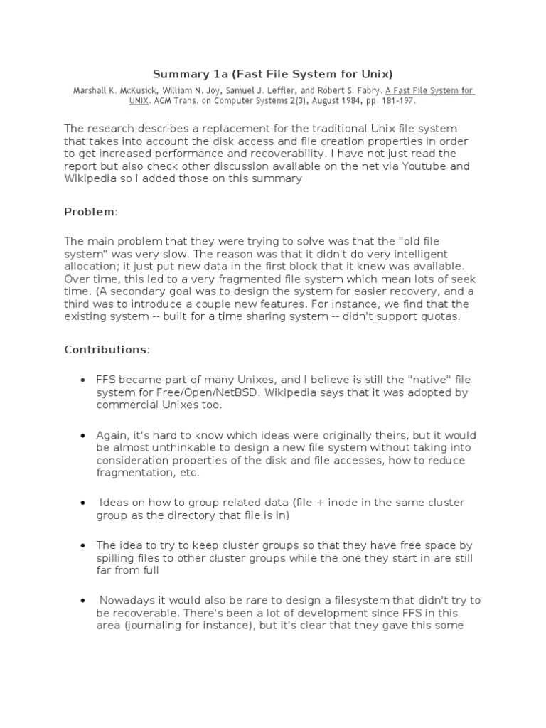 Fast File System for Unix Overview | PDF | File System | Information ...
