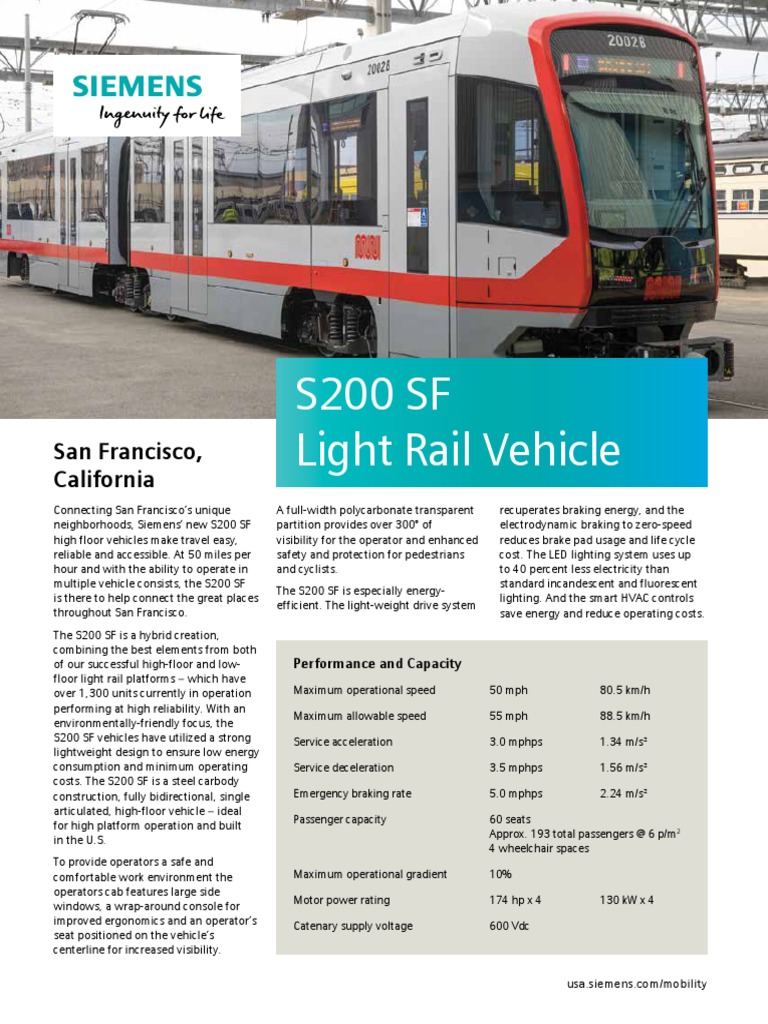 San Francisco s200 Data Sheet1 | PDF | Light Rail | Transport