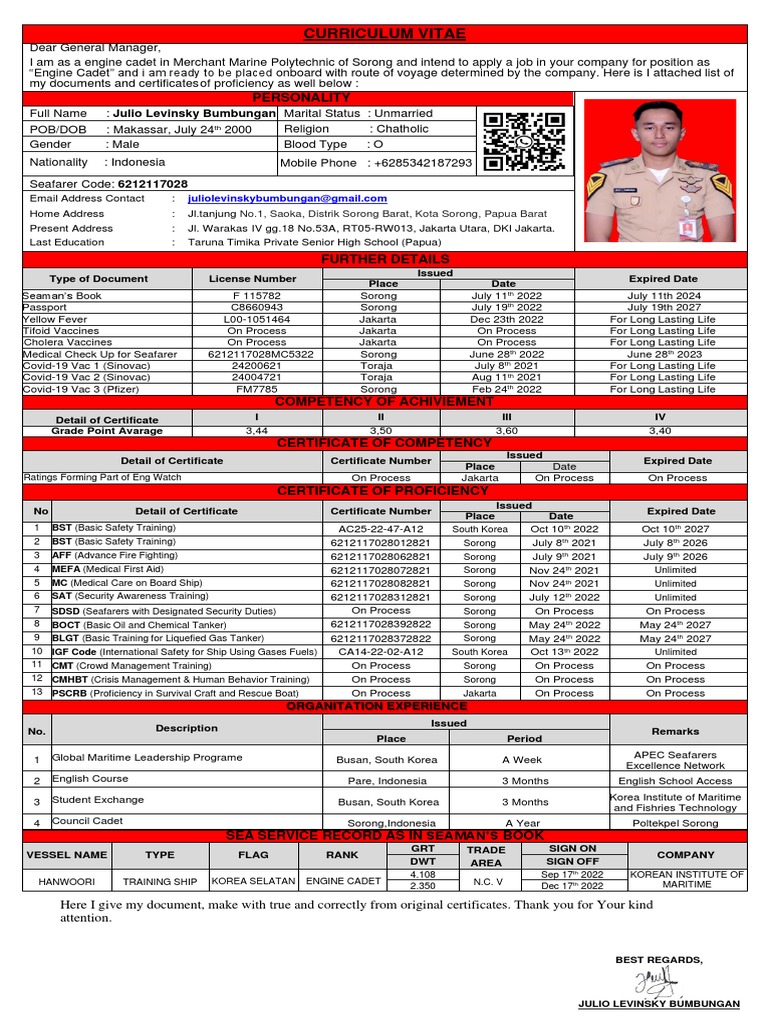 Application for Engine Cadet Position | PDF | Sailor | Shipping
