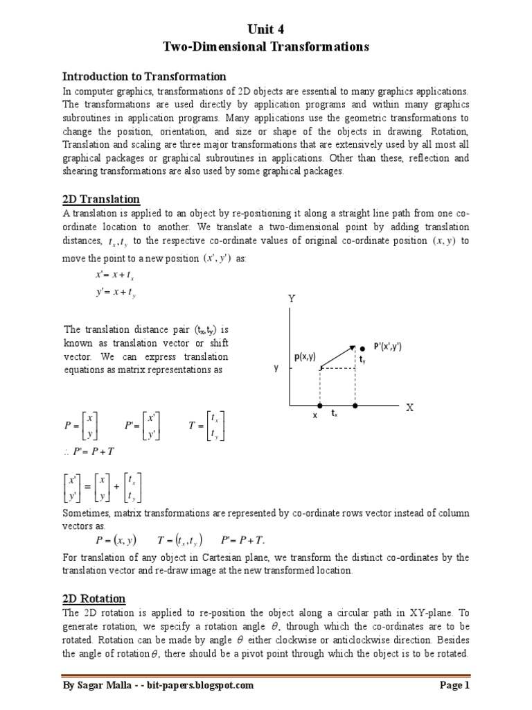 Unit 4 2d Transformations Cg Pu Pdf 2 D Computer Graphics Cartesian Coordinate System